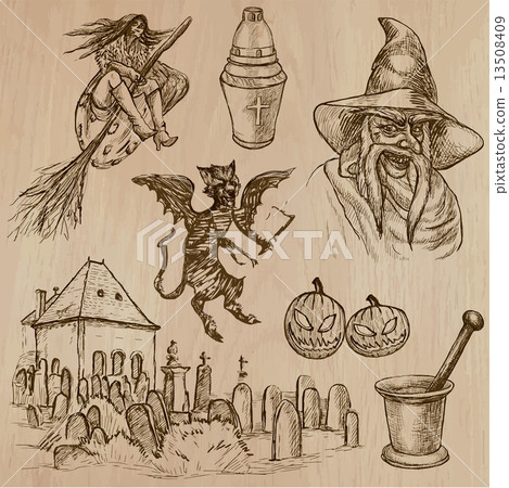 Halloween, Monsters, Magic - Hand draw vector... - Stock Illustration ...