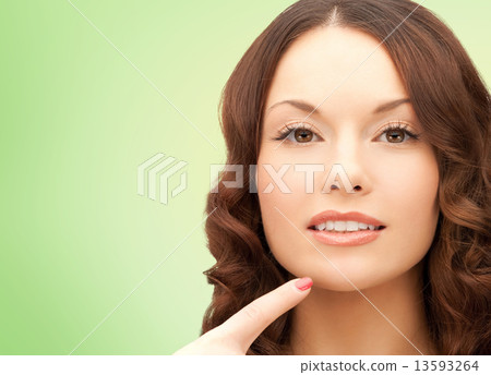 beautiful young woman pointing finger to her chin-照片素材（圖片） [13593264 ...