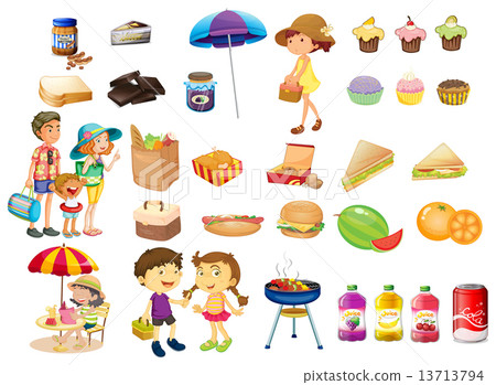 Set of things and foods for a picnic - Stock Illustration [13713794 ...