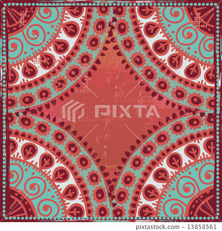 Hand drawn ethnic frame in blue and coral red... - Stock Illustration ...