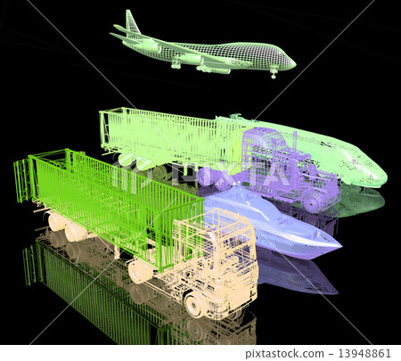 Types of transport. 3d model on black background - Stock Illustration ...