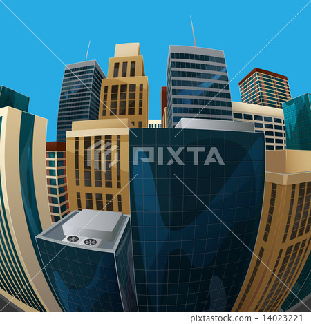 illustration of fisheye lens cityscape view. city - Stock Illustration ...
