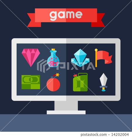 Background with game icons in flat design style. - Stock Illustration ...