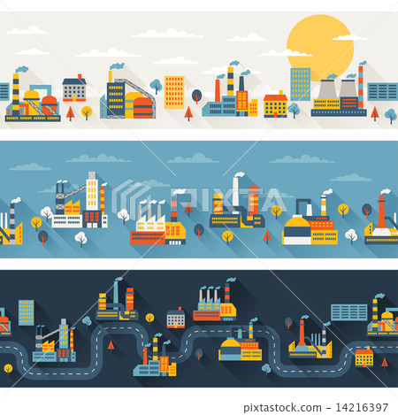 Industrial factory buildings horizontal banners. - Stock Illustration ...