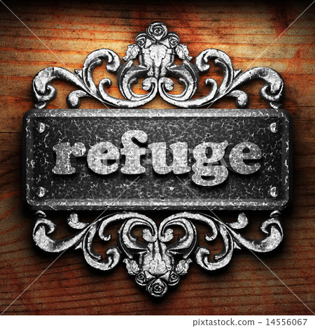 refuge word of iron on wooden background - Stock Illustration [14556067 ...