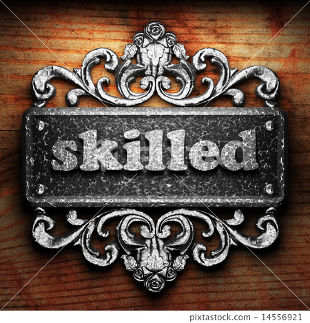 skilled word of iron on wooden background - Stock Illustration ...