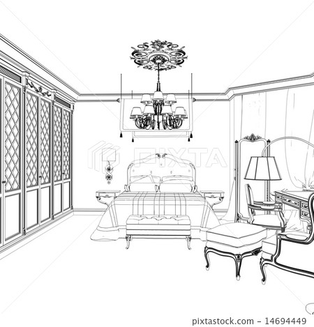 Sketch of retro bedroom interior design - Stock Illustration [14694449 ...