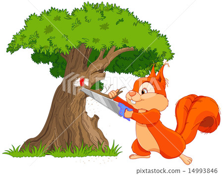 Funny squirrel saws tree branch - Stock Illustration [14993846] - PIXTA