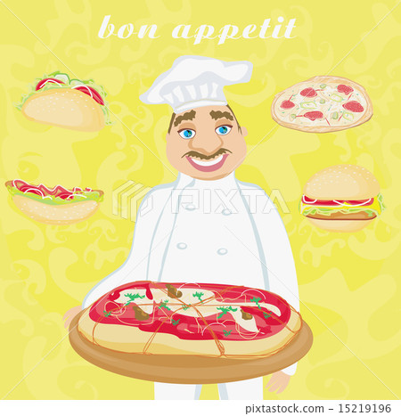 funny chef serves pizza with fast food set - Stock Illustration ...