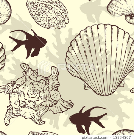 Seamless pattern with sea shells and fishes - Stock Illustration ...