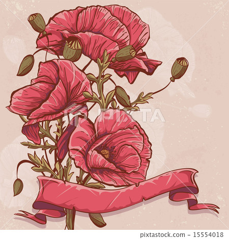 Greeting card with red poppies and ribbons - Stock Illustration ...