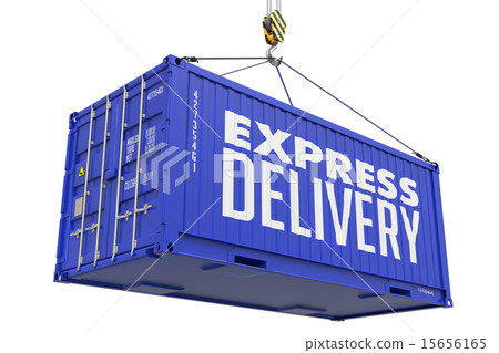 Express Delivery -Blue Hanging Cargo Container. - Stock Illustration ...