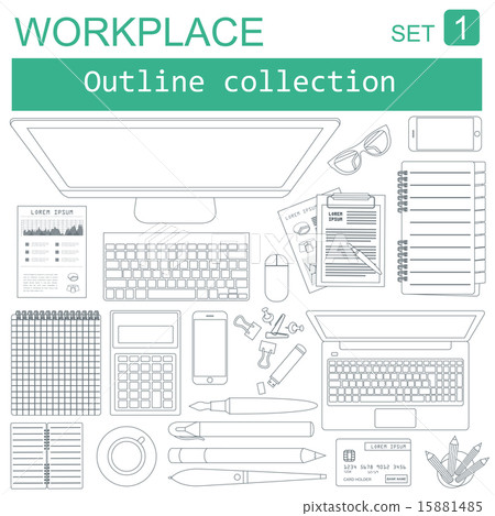 Working place in outline linear flat design - Stock Illustration ...