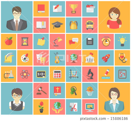 Modern flat vector square icons of school subjects - Stock Illustration ...