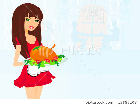 Beautiful Waitress serving a chicken in restaurant - Stock Illustration ...