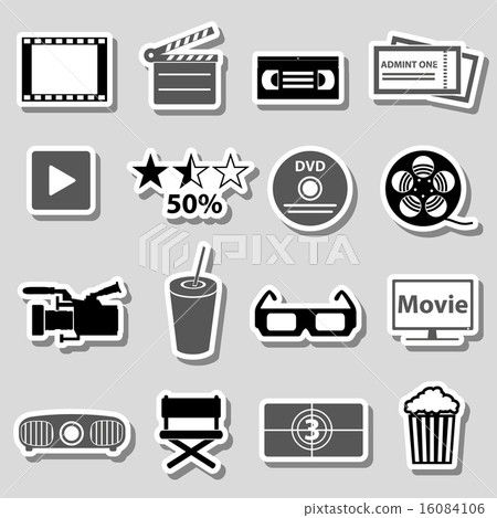 movie and cinema vector grayscale stickers set - Stock Illustration ...