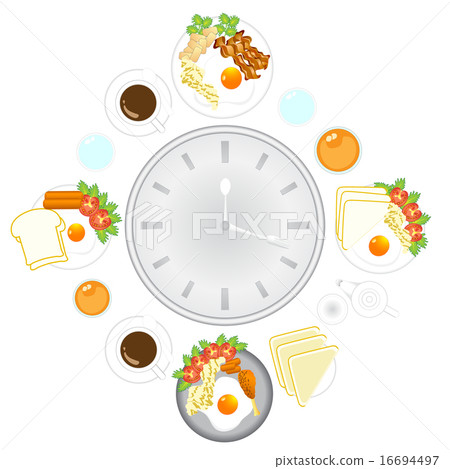 Clock with food and kitchen utensils, meal time - Stock Illustration ...
