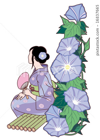Morning glory "Yukata woman and morning glory"... - Stock Illustration ...