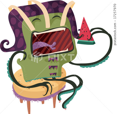 Cute strange monster eating watermelon, in vector - Stock Illustration ...