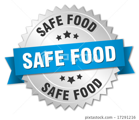 safe food 3d silver badge with blue ribbon - Stock Illustration ...