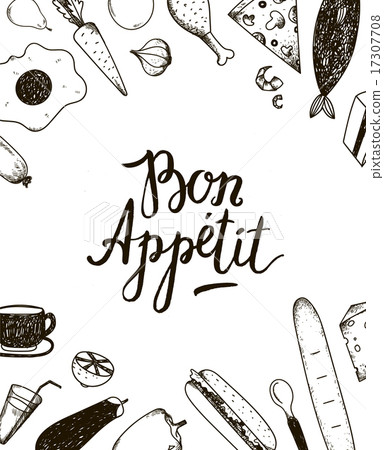 Vector Bon Appetit graphic poster with food... - Stock Illustration ...