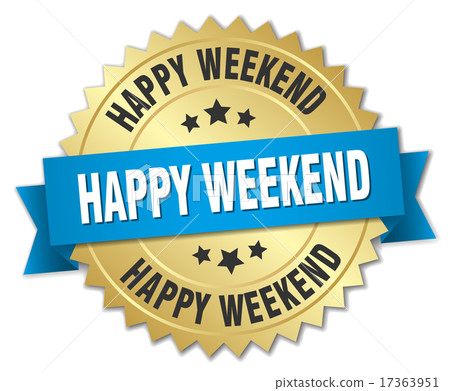 happy weekend 3d gold badge with blue ribbon - Stock Illustration ...