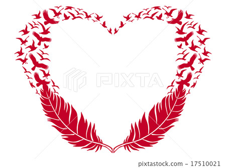 red heart with feathers and flying birds, vector - Stock Illustration ...