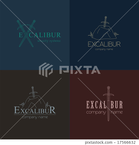 Excalibur outline Insignias and Logotypes set. - Stock Illustration ...