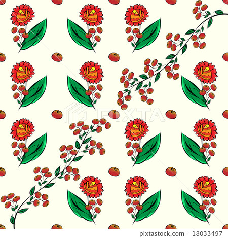 Red flowers and autumn berries seamless pattern - Stock Illustration ...