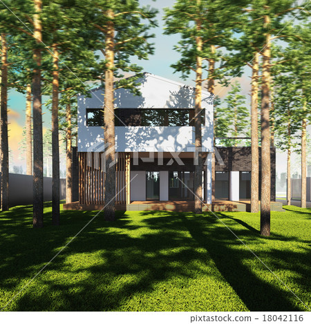 Contemporary house placed between pines. - Stock Illustration [18042116 ...