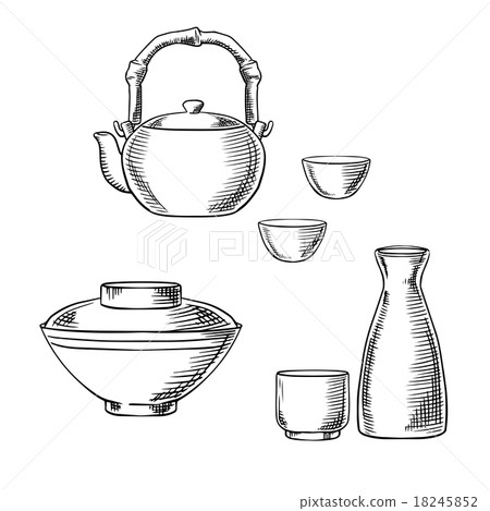 Japanese ceramic tableware sketch icons - Stock Illustration [18245852 ...