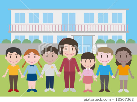 Teachers and children lined up in front of the... - Stock Illustration ...