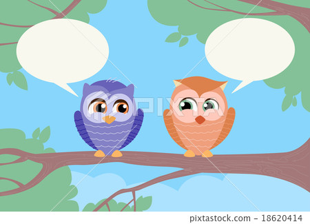 Two Owls Chat Communication Sitting on Branch - Stock Illustration ...