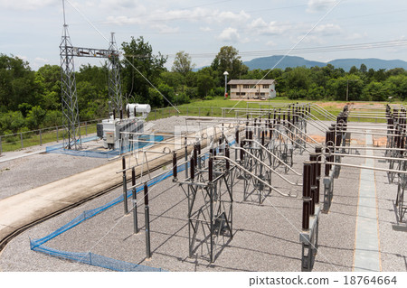 Sub station 115/22 kV outdoor type bird eye view - Stock Photo ...