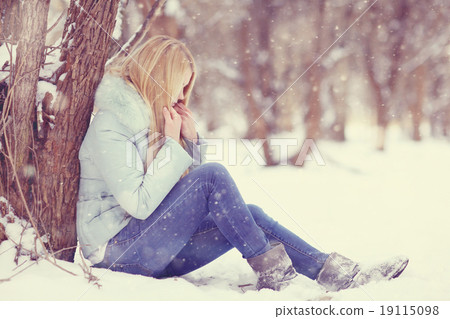 sad girl frozen, winter, cold, stress, park - Stock Photo [19115098 ...