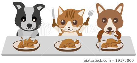 Dogs and cats eating Gohan at the table - Stock Illustration [19173800 ...