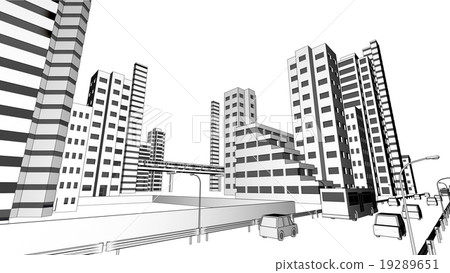 Monotone office building Street and roadway... - Stock Illustration ...