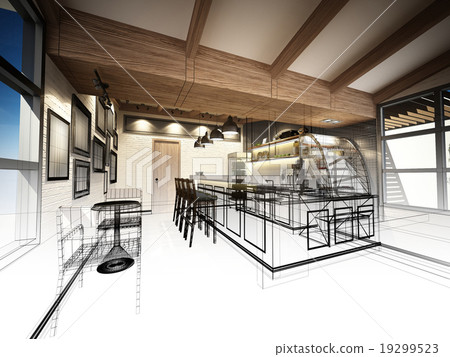 sketch design of coffee shop ,3d wire frame render - Stock Illustration ...