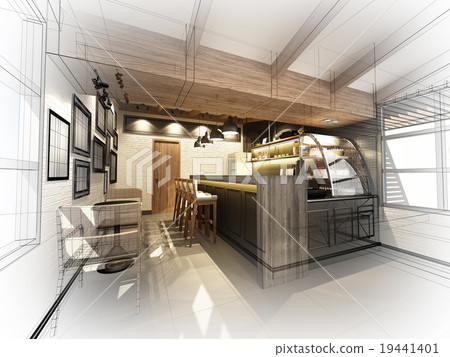 sketch design of coffee shop ,3d wire frame render - Stock Illustration ...