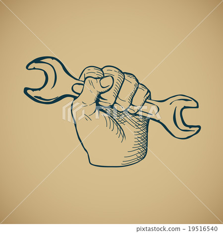 Hand drawn sketch vintage Hand with Wrench vector - Stock Illustration ...