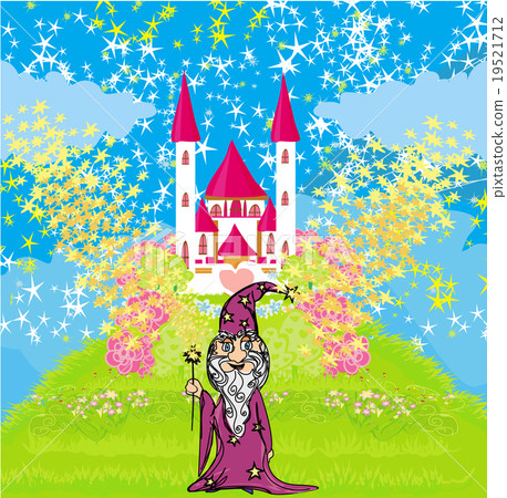 wizard uses magic in front of fairy-tale castle - Stock Illustration ...