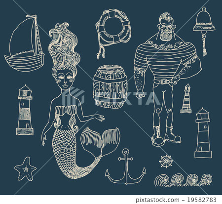 set with sailor, lighthouse, mermaid, ship and - Stock Illustration ...