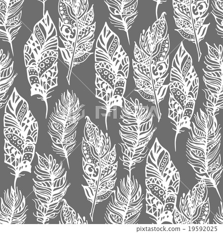 Hand drawn white feathers seamless pattern on grey - Stock Illustration ...