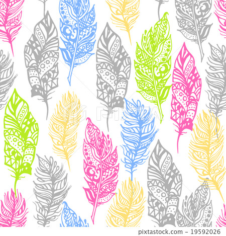 Hand drawn neon colors feathers seamless pattern. - Stock Illustration ...