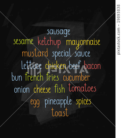 Burger Ingredients Lettering on Chalkboard - Stock Illustration ...