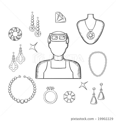Jeweler or goldsmith with jewelries, sketch style - Stock Illustration ...