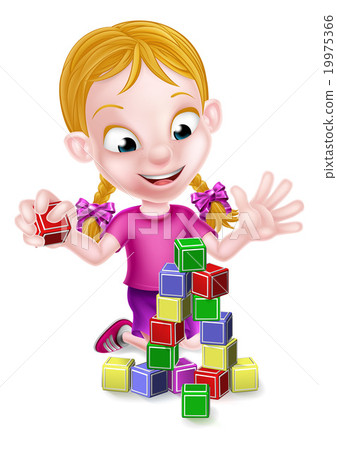 Girl Playing With Building Blocks - Stock Illustration [19975366] - PIXTA