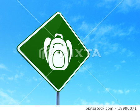 Tourism concept: Backpack on road sign background - Stock Illustration ...