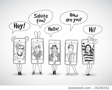 Mobile phones standing group happy communication - Stock Illustration ...