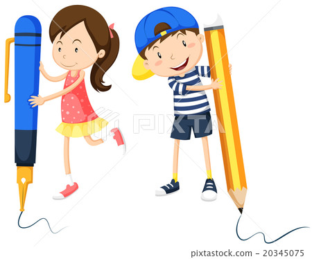Boy and girl writing on the floor - Stock Illustration [20345075] - PIXTA